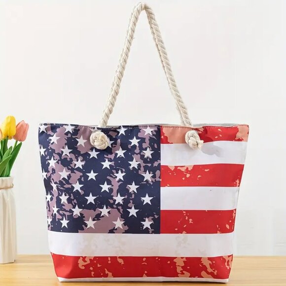 Bags | Patriotic Usa Flag Tote Bag Large Capacity Beach Shoulder Bag ...
